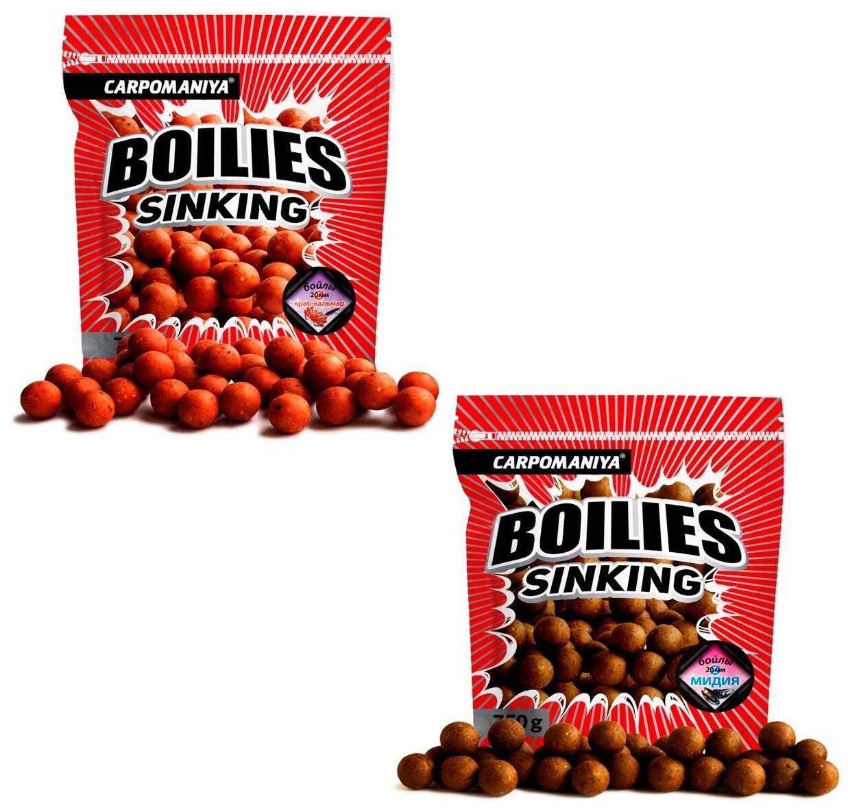 Набор тонущие бойлы с ароматом Краба-кальмара, Мидии 20мм 750г 2шт