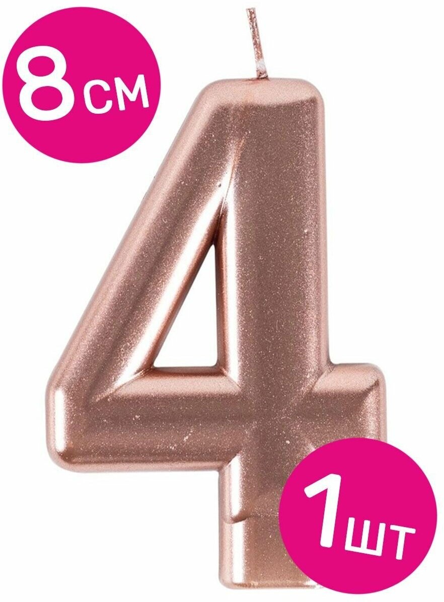 Свеча для торта парафиновая Riota Цифра 4, розовое золото, 8 см, 1 шт.