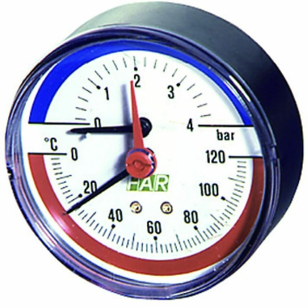 FAR Термоманометр 1/2", торцевое соединение, 0-4 бар, 0.120С, ф80 мм FA 2550 12