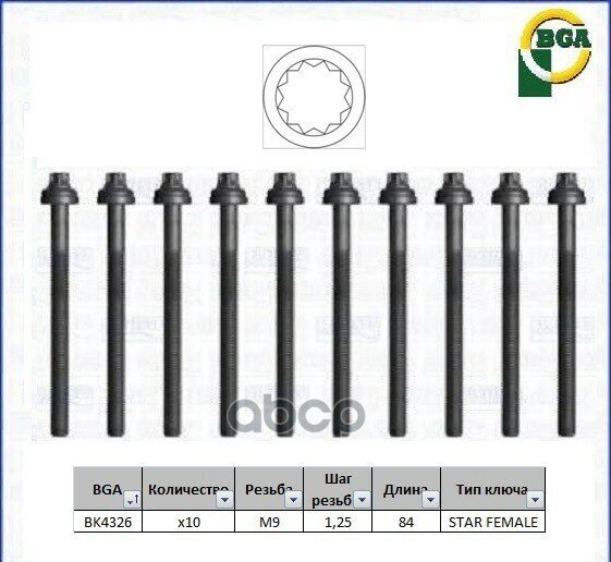Комплект болтов ГБЦ DAIHATSU MATERIA, SIRION, TERIOS, YRV / TOYOTA bB, YARIS 1.0/1.5 99-16 Bga арт. BK4326