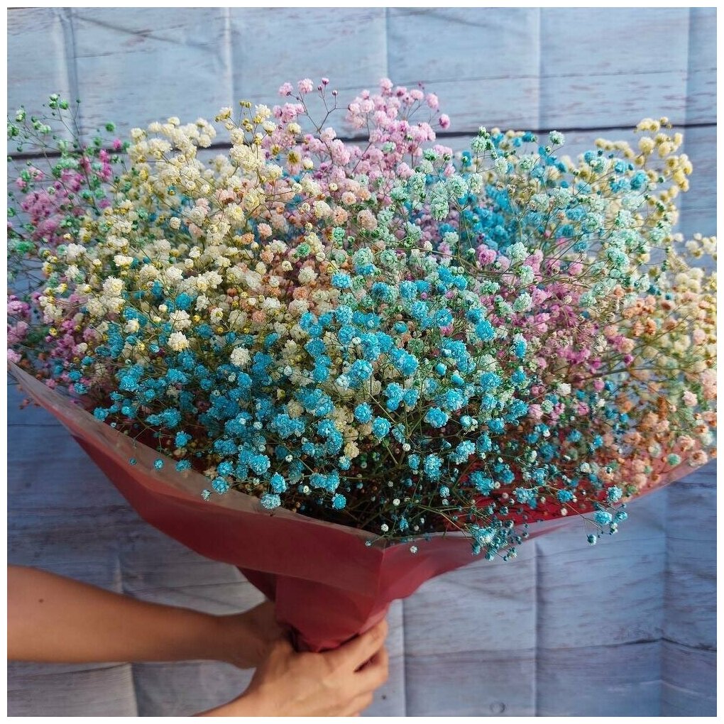 Букет "Радужное Утро", 25 цветков, высота 60см, гипсофила, круглый свежий букет цветов