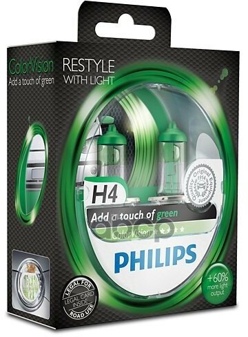 H4 ColorVision Green 12V(60/55W) P43t-38 3350 K Plastic box 2шт Philips арт. 12342CVPGS2