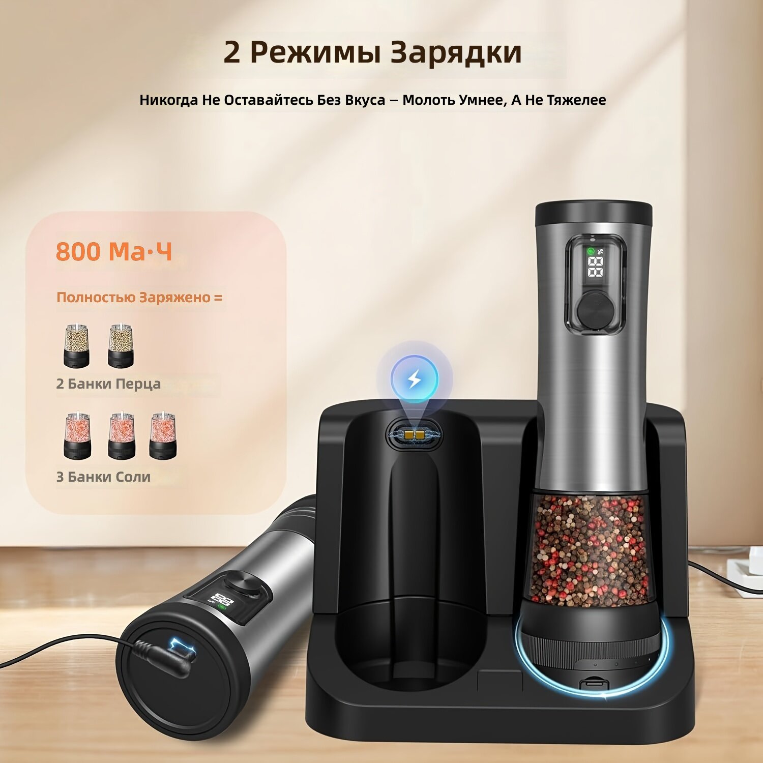 Набор электрических мельниц для соли и перца с перезарядкой, корпус из нержавеющей стали, керамический механизм, 5 регулируемых степеней помола, индикатор уровня заряда, серебристый, комплект
