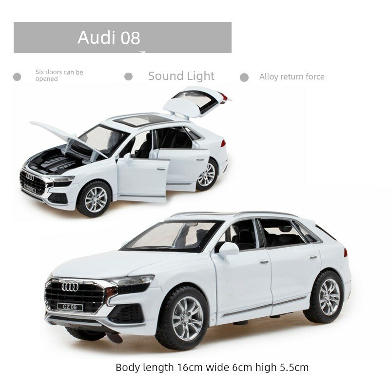 Модель автомобиля Audi Q8 из металла с подсветкой дверей, белый цвет, масштаб 1:24