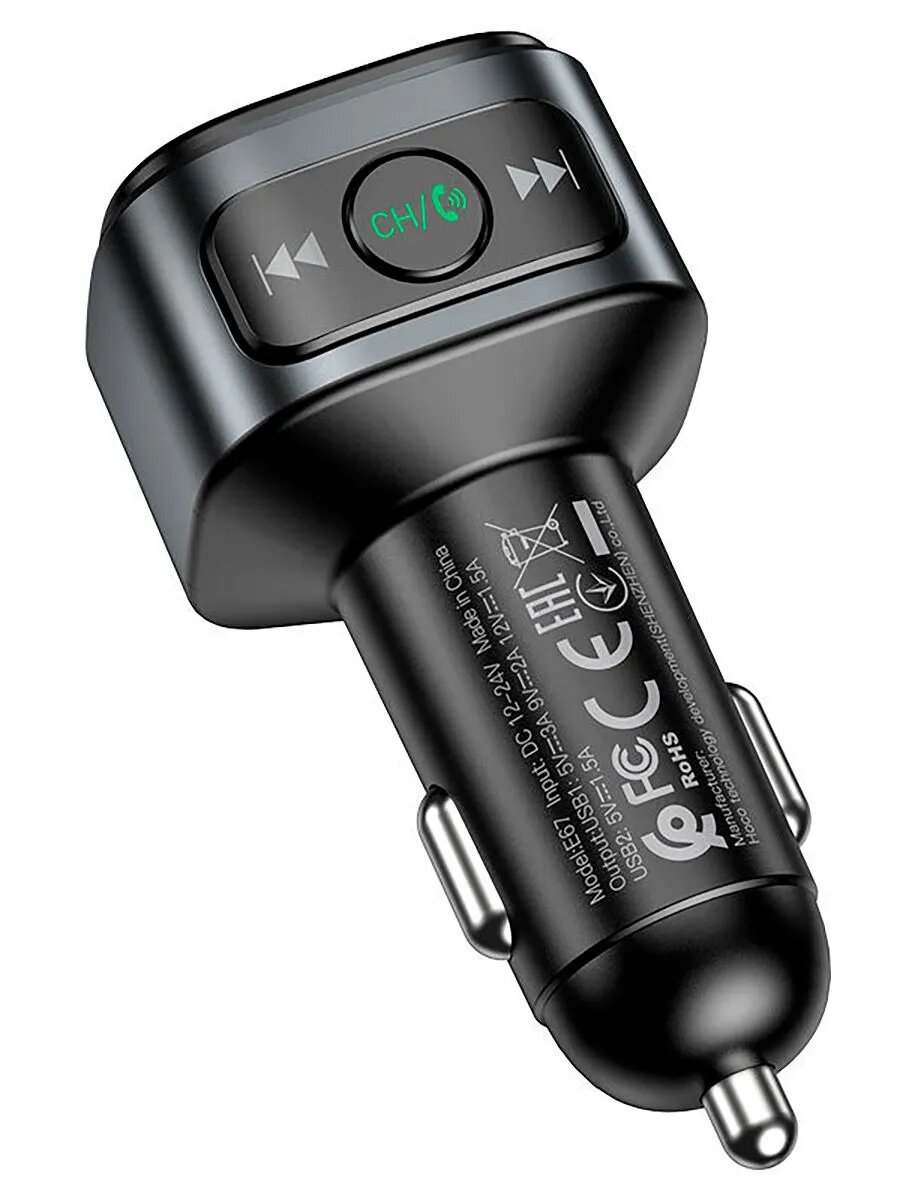 FM модулятор (трансмиттер) Hoco E67 Bluetooth, 2*USB, 18W (QC 3.0), цвет черный — фото 1