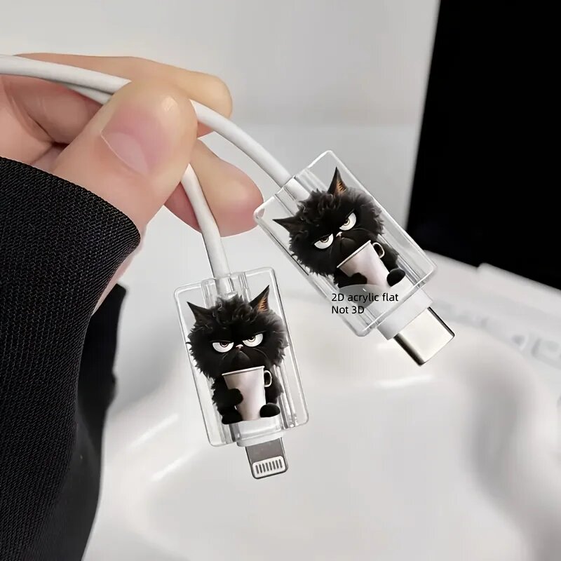 2 шт, защита кабеля 2D с милым черным котом для Type-C/для зарядных кабелей Apple, пластиковый шнур, устойчивый к царапинам, устойчивый к царапинам