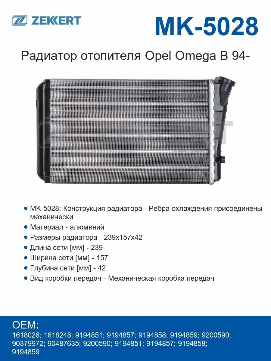 Zekkert Радиатор отопителя Opel Omega B с 1994 года