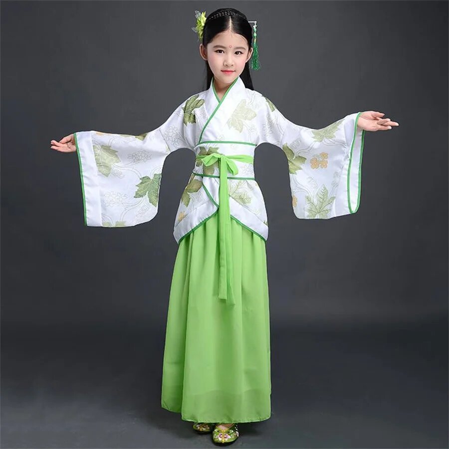 Китайский танцевальный костюм Hanfu для девочки Зеленый, 130 fit 120-130cm, as picture