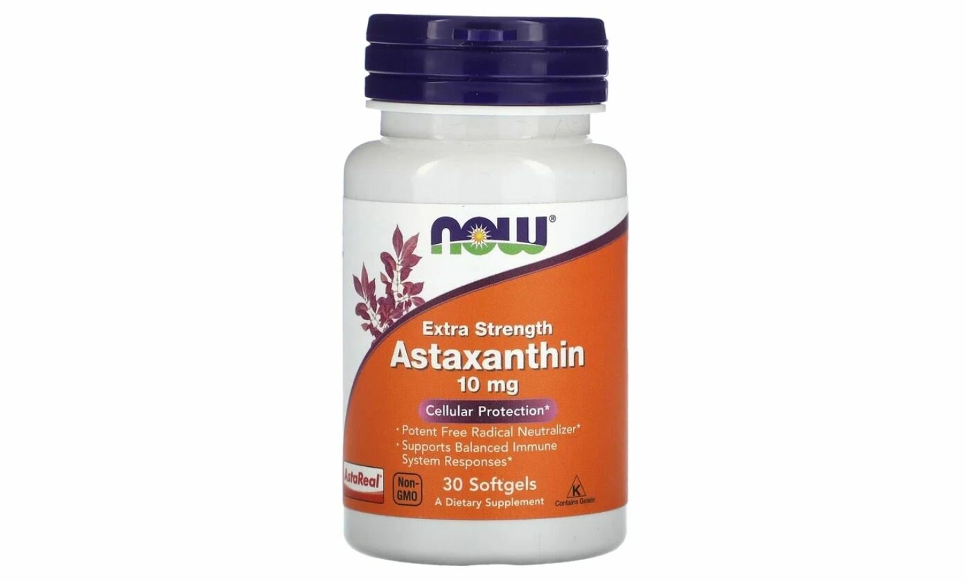 Астаксантин, 10мг NOW Astaxanthin, 30 мягких капсул двойной силы, Антиоксидант, Витамины для зрения, для мозга