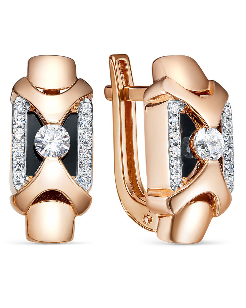 Серьги двусторонние BERGER, красное золото, 585 проба, оникс, бриллианит, фианит