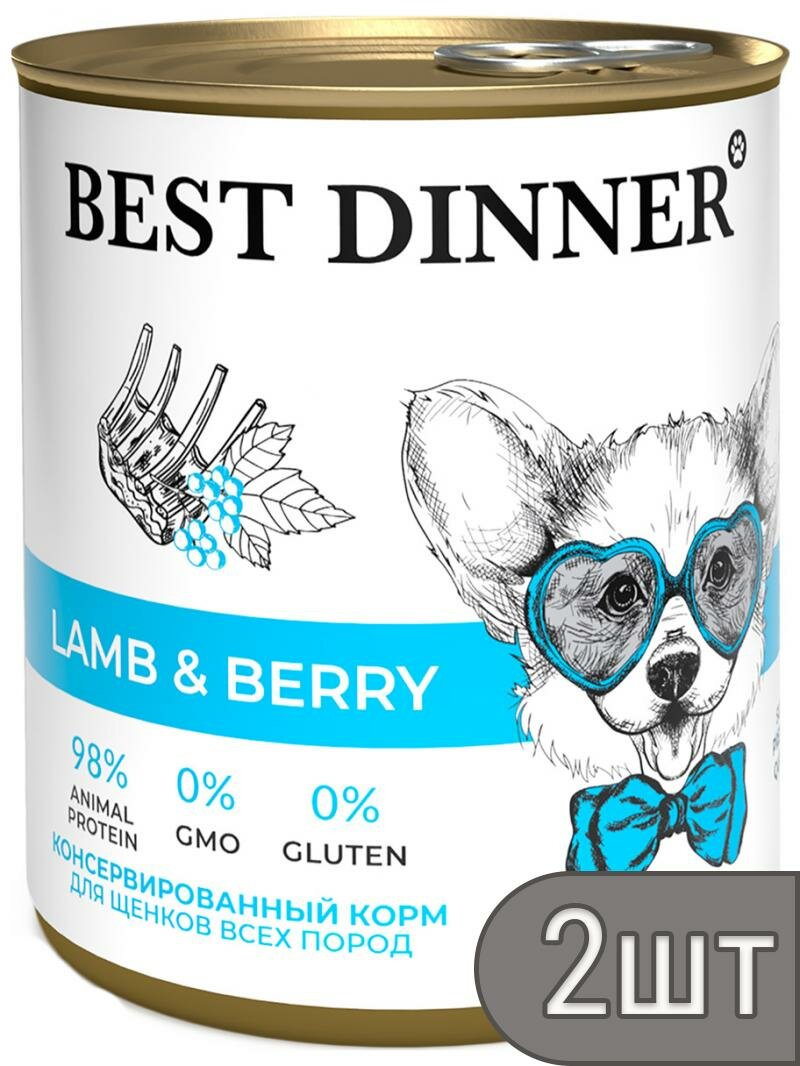 Best Dinner Набор 2 шт Консервы для щенков и взрослых собак, ягненок с ягодами, 850г 1.7 кг