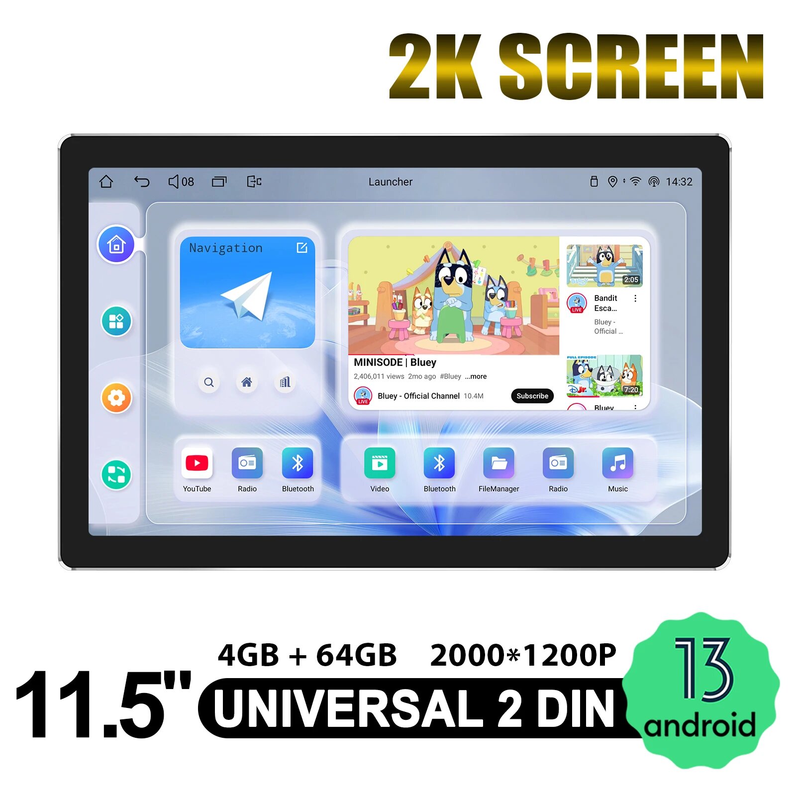 Автомагнитола 11.5" 2K CarPlay Android Auto, 4GB 64GB, Черный