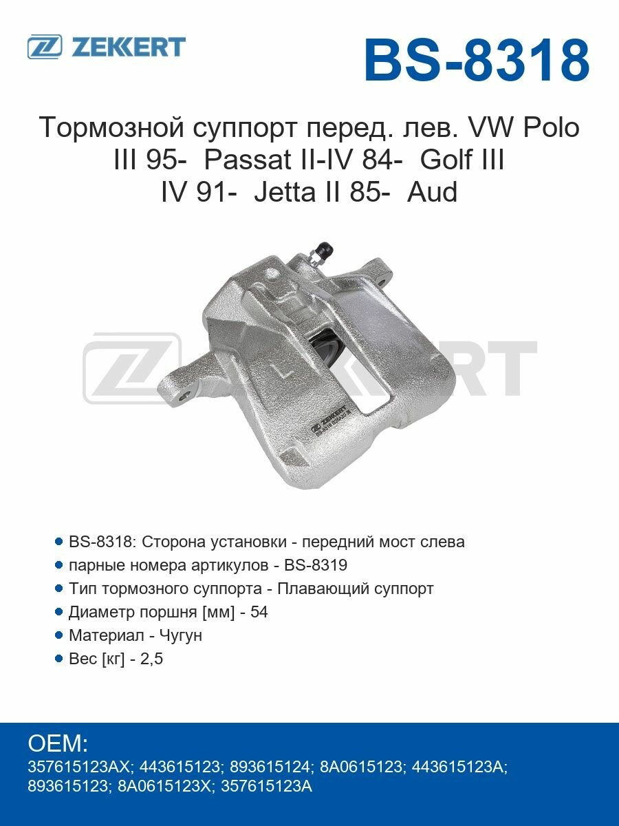 Zekkert Тормозной суппорт перед. лев. VW Polo III 95- Passat II-IV 84- Golf III IV 91- Jetta II 85- Aud