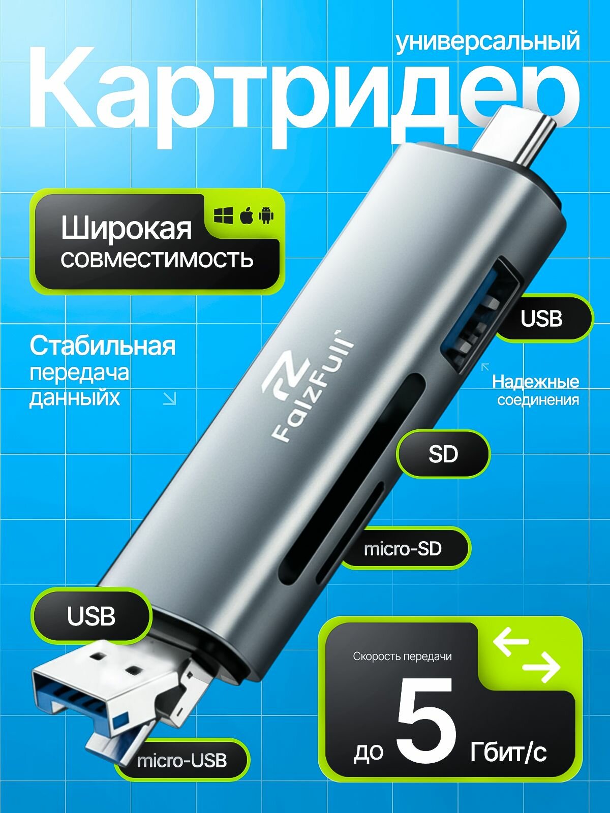 Картридер универсальный USB, micro USB, Type C - SD/micro SD/TF