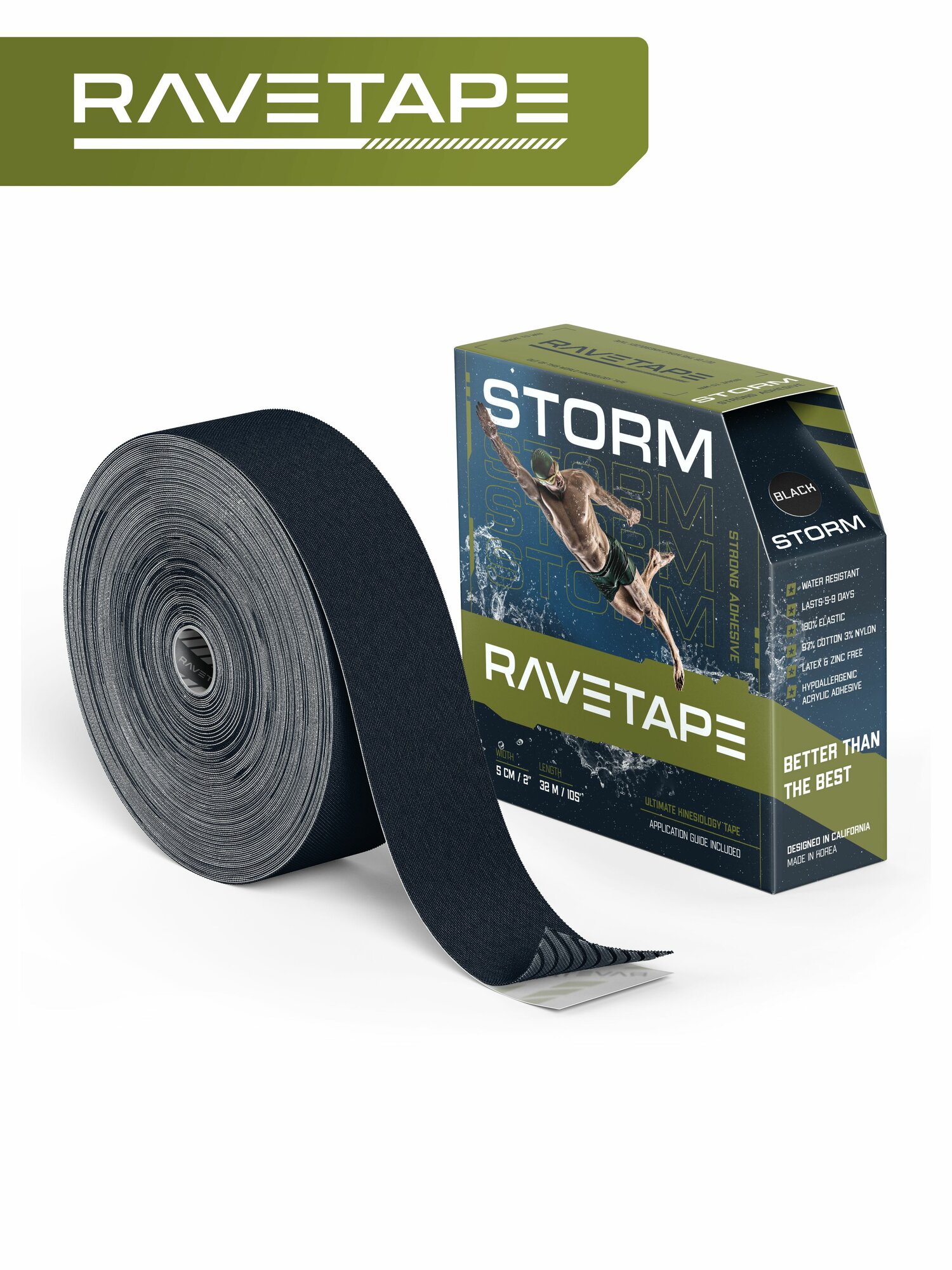 Усиленный RaveTape STORM Черный, 32м х 5см, кинезио тейп, 1 шт. в упаковке