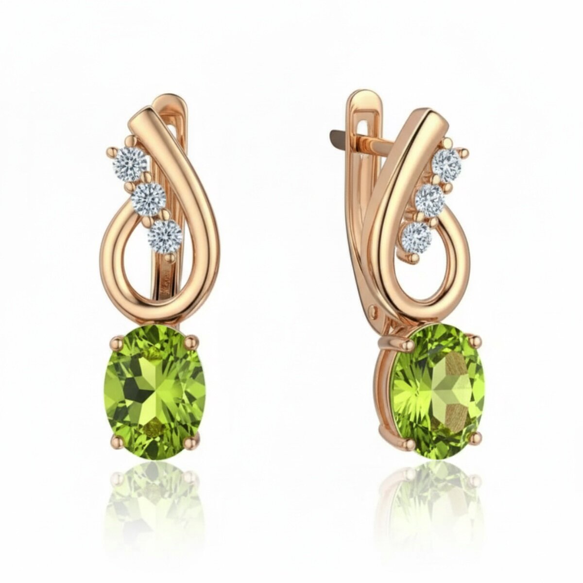 Серьги, красное золото, 585 проба, фианит, хризолит