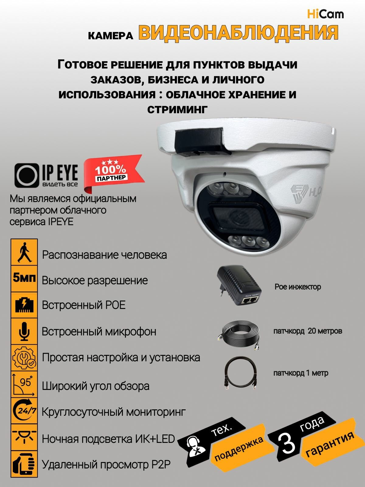Камера видеонаблюдения IP, Hi_Cam, с сервисом IPEYE, 5Мп, с микрофоном