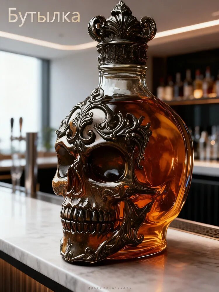 Бутылка 0.3 л в форме черепа для виски, стеклянная, для ценителей