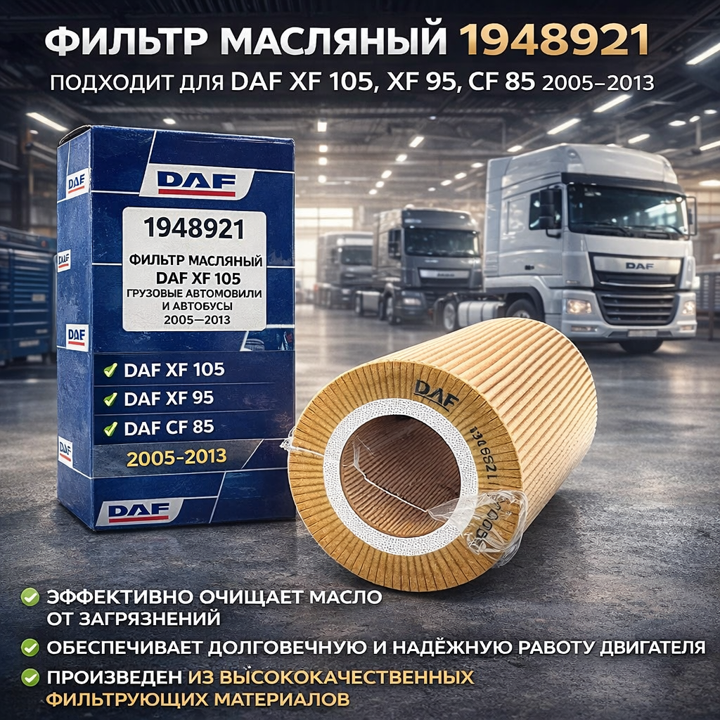 Фильтр масляный 1948921 подходит: DAF XF 105, XF 95, CF 85 (2005–2013), грузовые автомобили и автобусы