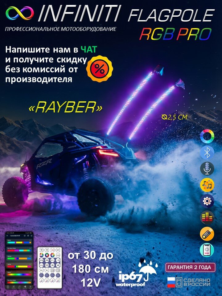 Флагштоки RGB PRO от 30-180 см на квадроцикл, багги с пультом и Bluetooth 2 шт