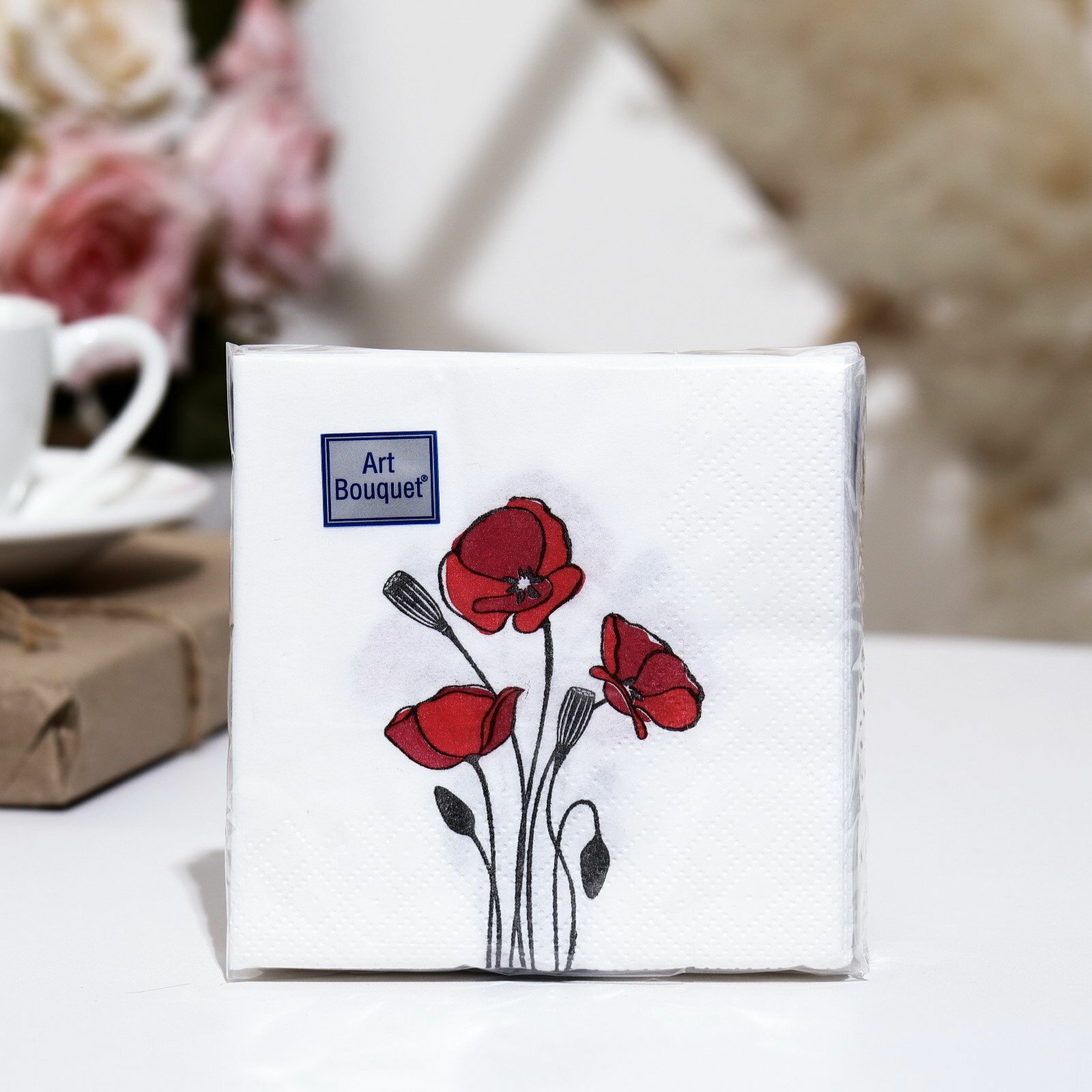 Салфетки бумажные "Маки", 20x20, 2 слоя, 30 шт, тематика праздника: 8 марта, 4 шт.