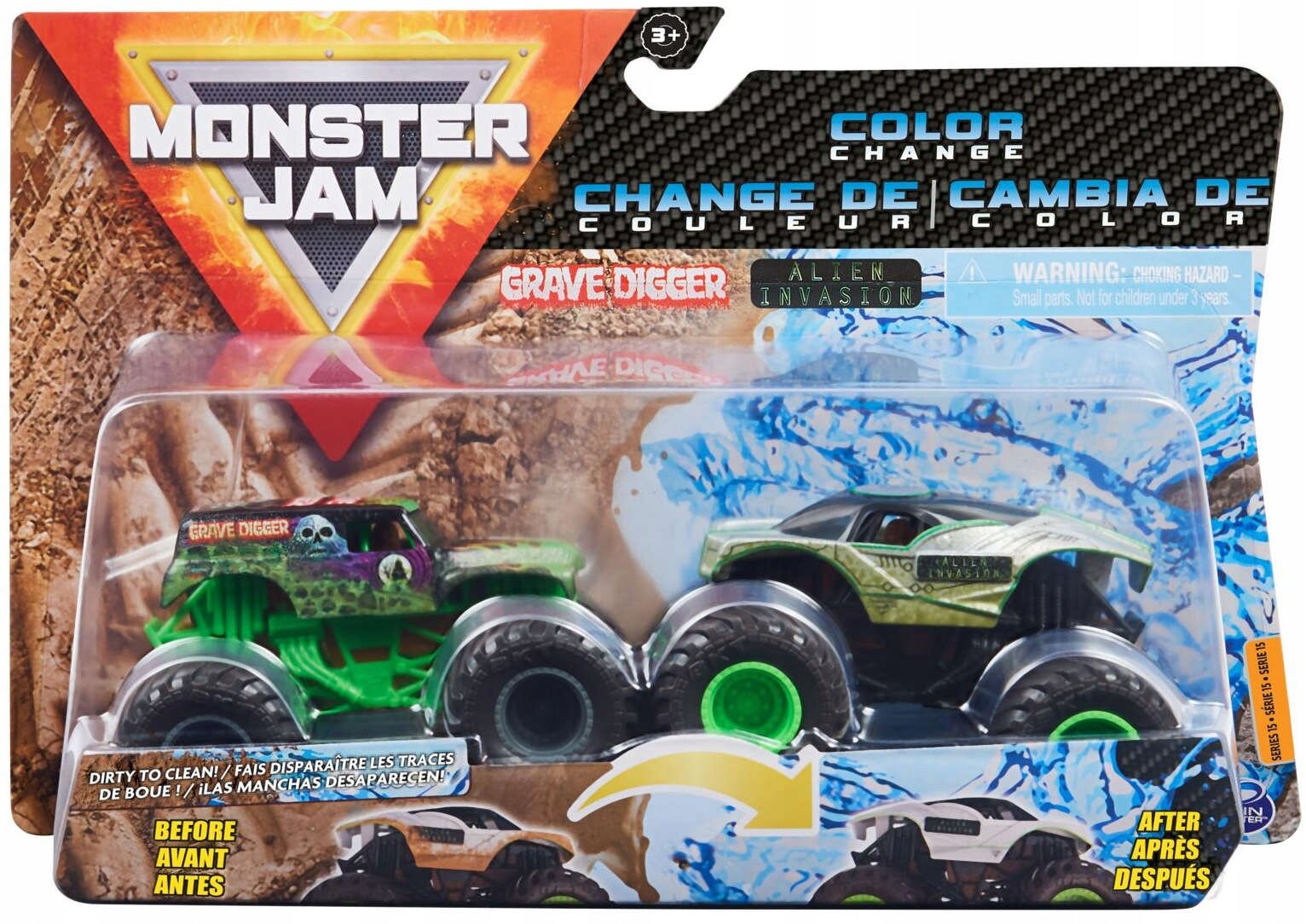 Набор машин Monster Jam Color Change Grave Digger and Alien Invasion 1:64, меняющие цвет, зеленый/серый