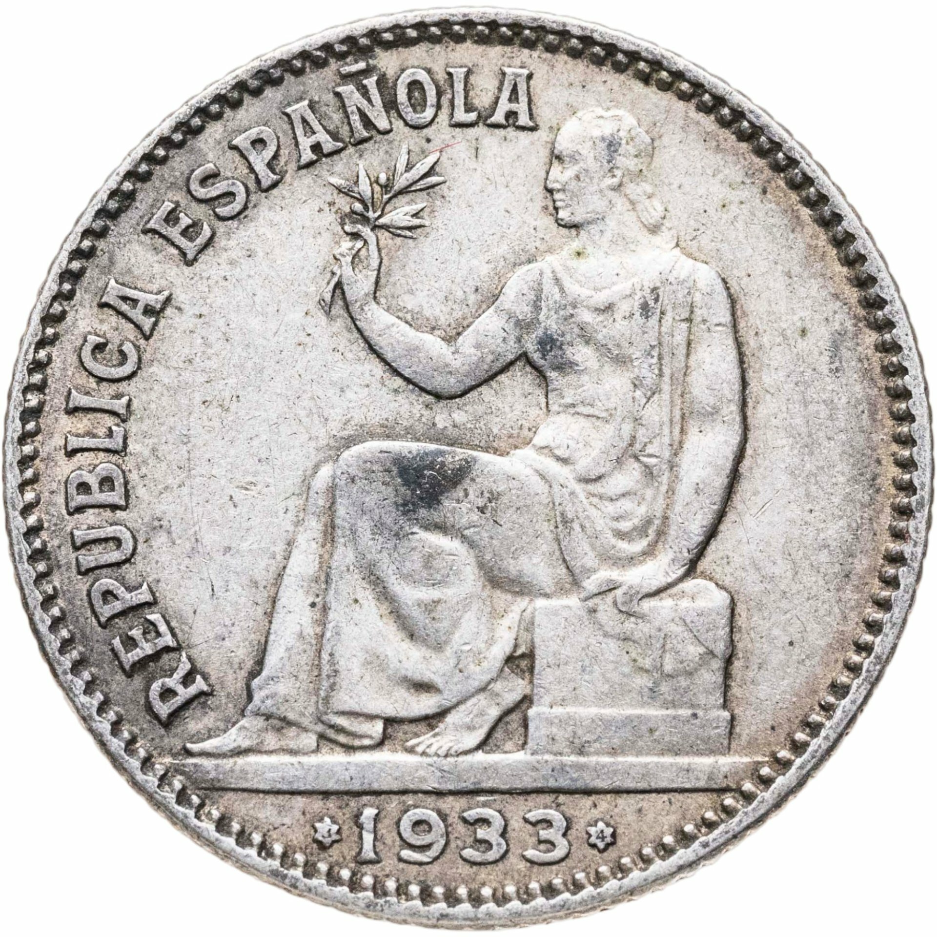 Испания 1 песета peseta 1933, 34 внутри звезд, Серебро 835, в сохранности XF