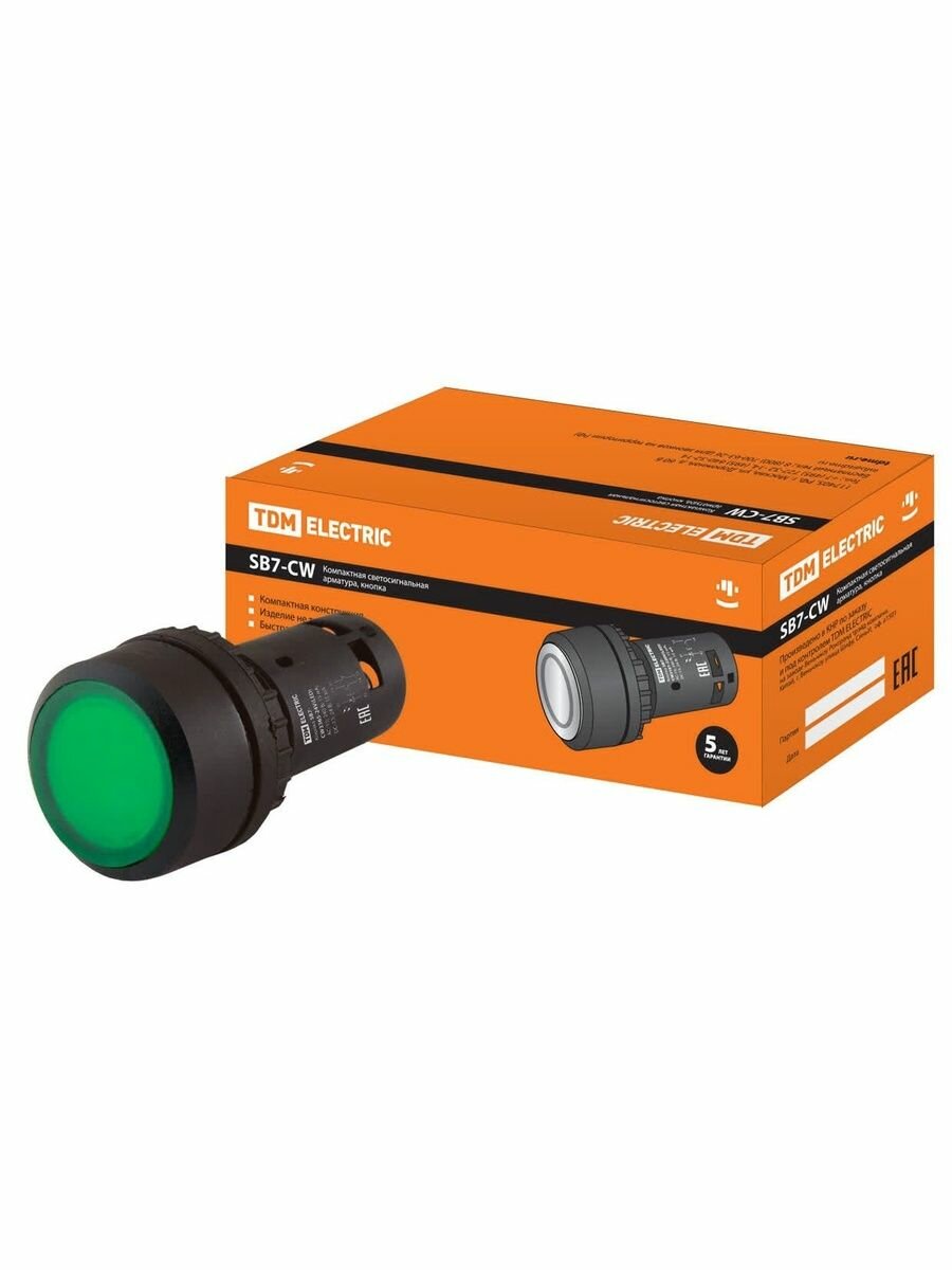 Кнопка SB7-CW3365 с возвратом, 1НО+1НЗ, d22 мм, с подсветкой 24 В LED, зеленая, IP54 TDM