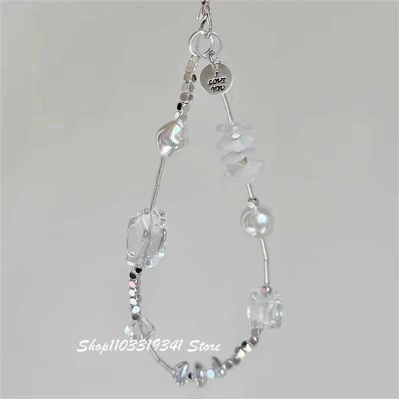 INS корейский милый прозрачный бисер с белым жемчугом и бисером, брелок для телефона, браслет, ремешок для iPhone Samsung, универсальный ремешок с защитой от потери