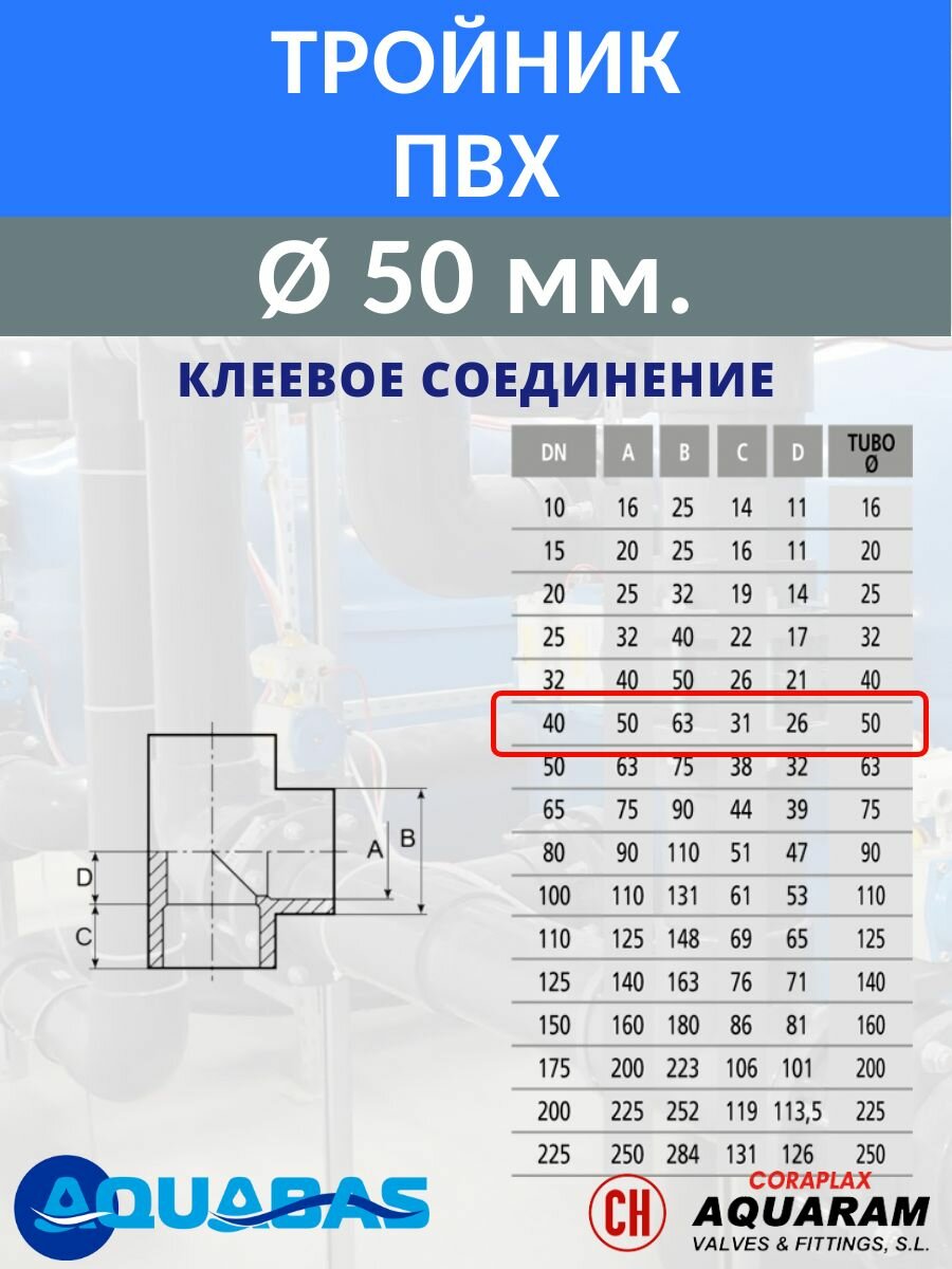 Тройник ПВХ D50, 1 штука, клеевое соединение, фитинг под клей — фото 1