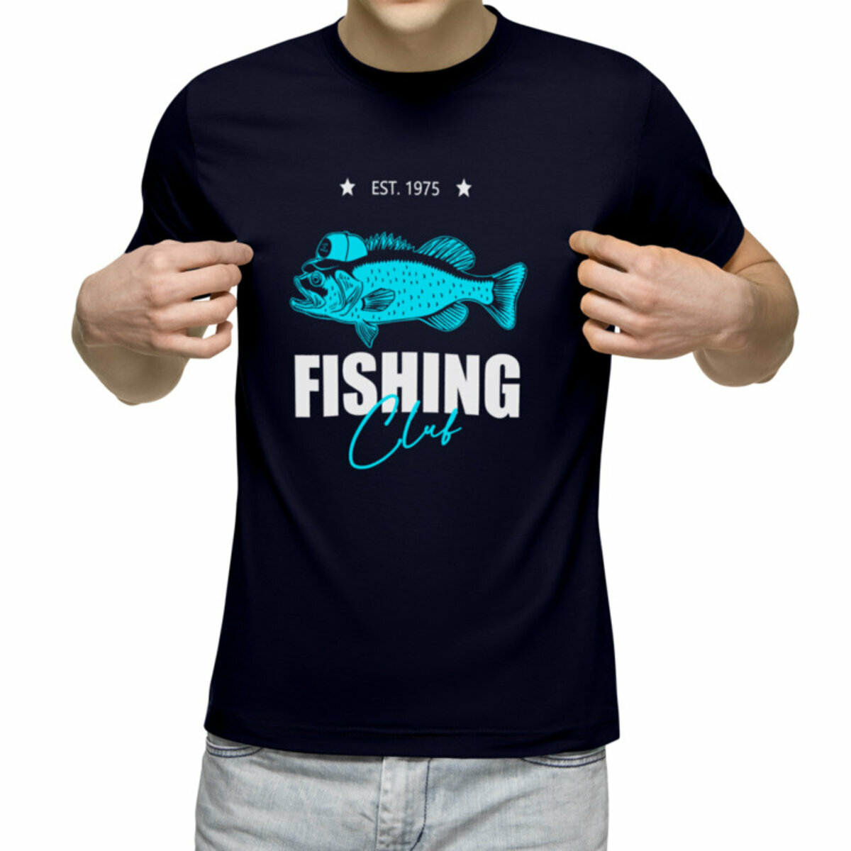 Мужская футболка «Рыболовный клуб. Рыбалка. Рыбка в кепке» (темно-синий, 2XL)