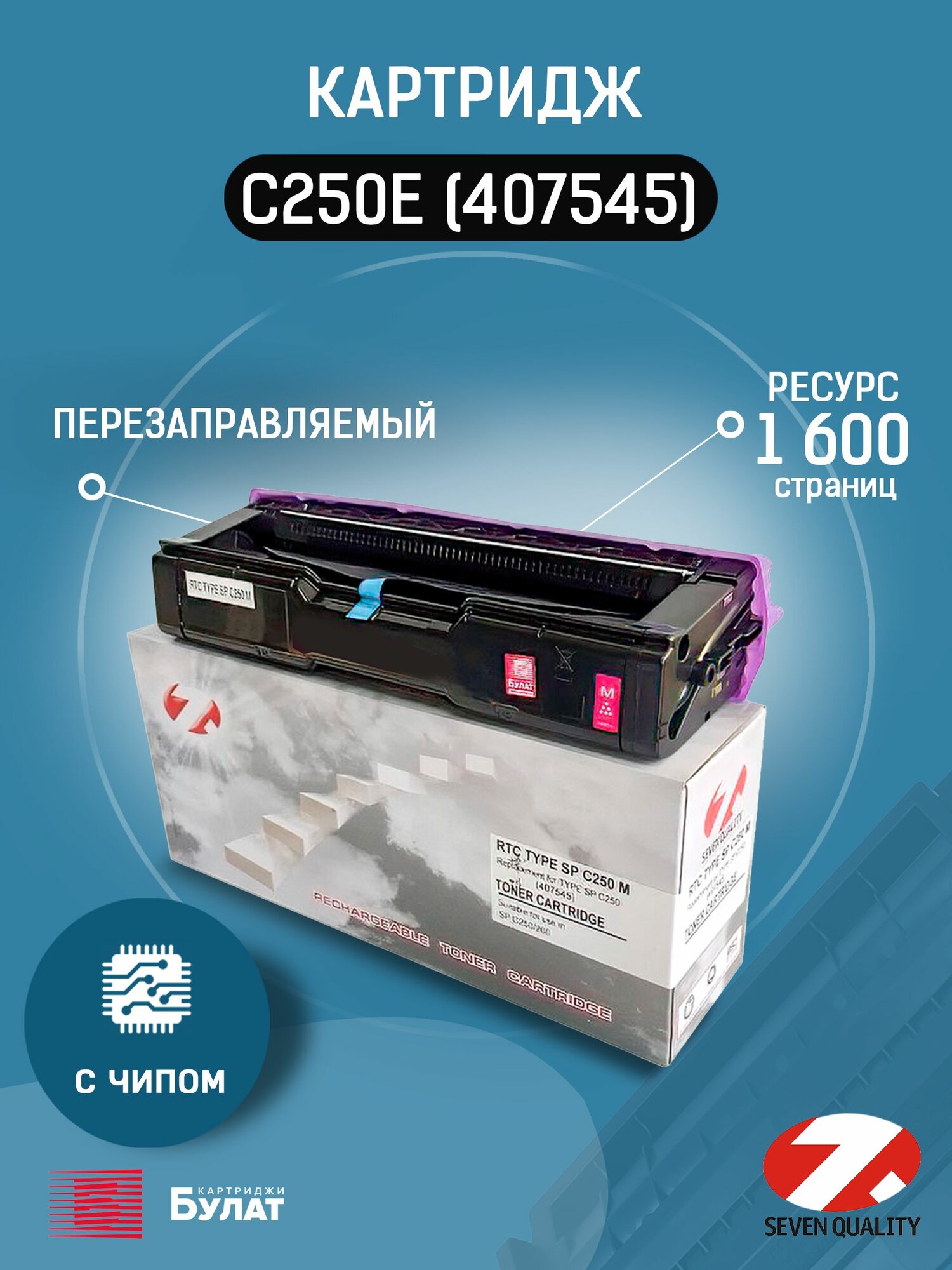 Тонер-картридж 7Q C250E (407545) для Ricoh SP C250, SP C260 (Пурпурный, 1600 стр.)