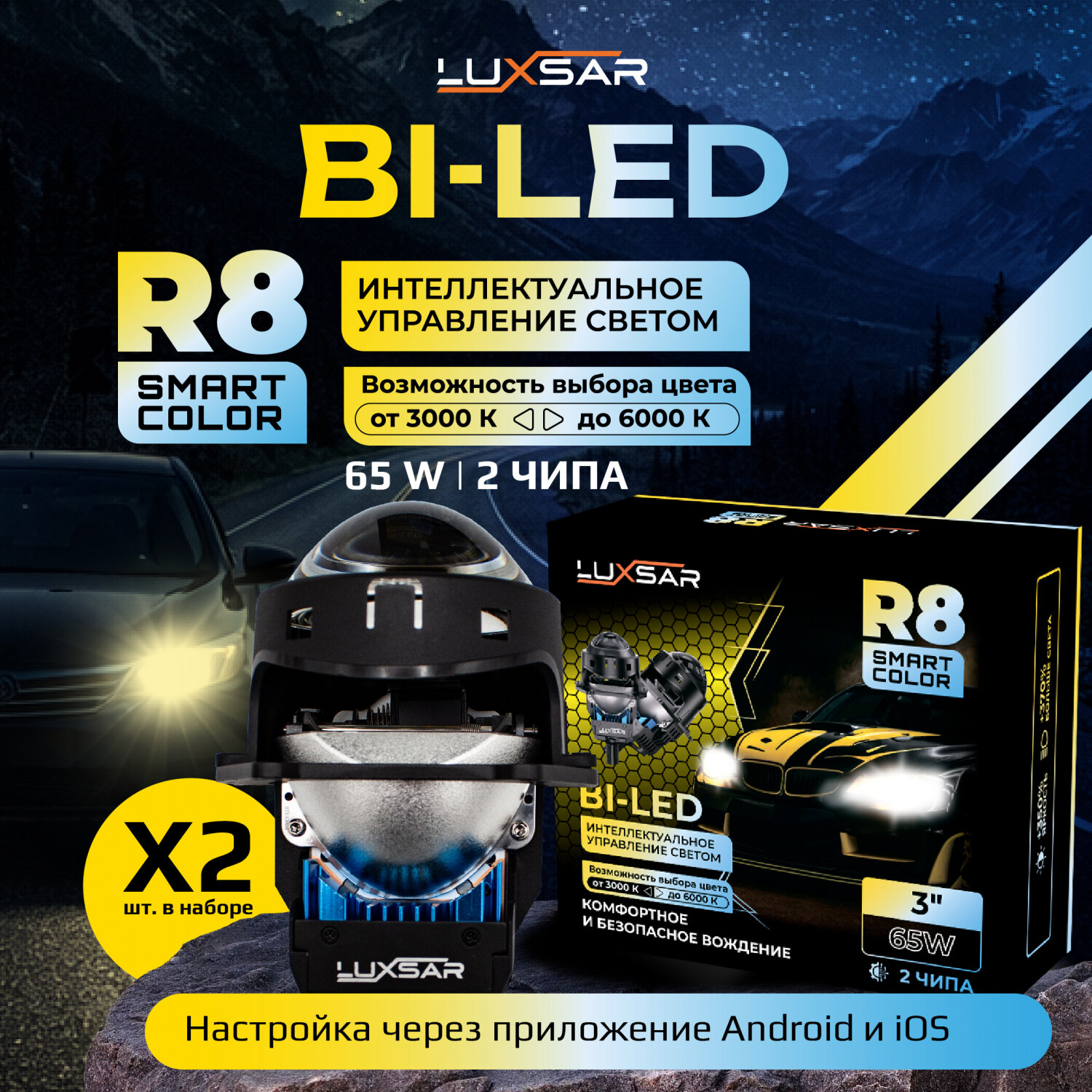 BI-LED линза LUXSAR R8 SMART COLOR 3.0 3000-6000K 65W 2 чипа (к-т 2 шт.)
