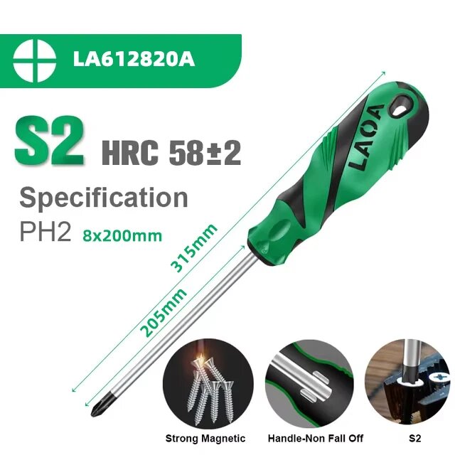 LAOA Отвертка PH2 8x200mm S2 HRC 58±2, LA612820A