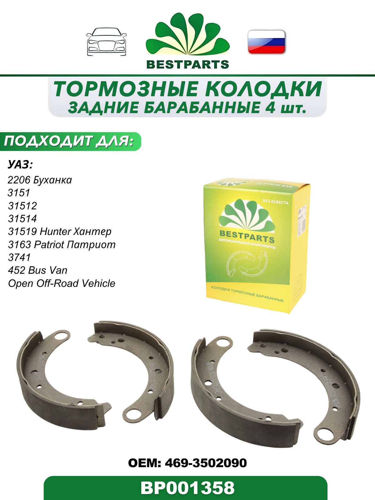 Колодки тормозные для УАЗ 2206 31519 Хантер 3163 Патриот 469 задние 4 шт, BESTPARTS, BP001358, 33403