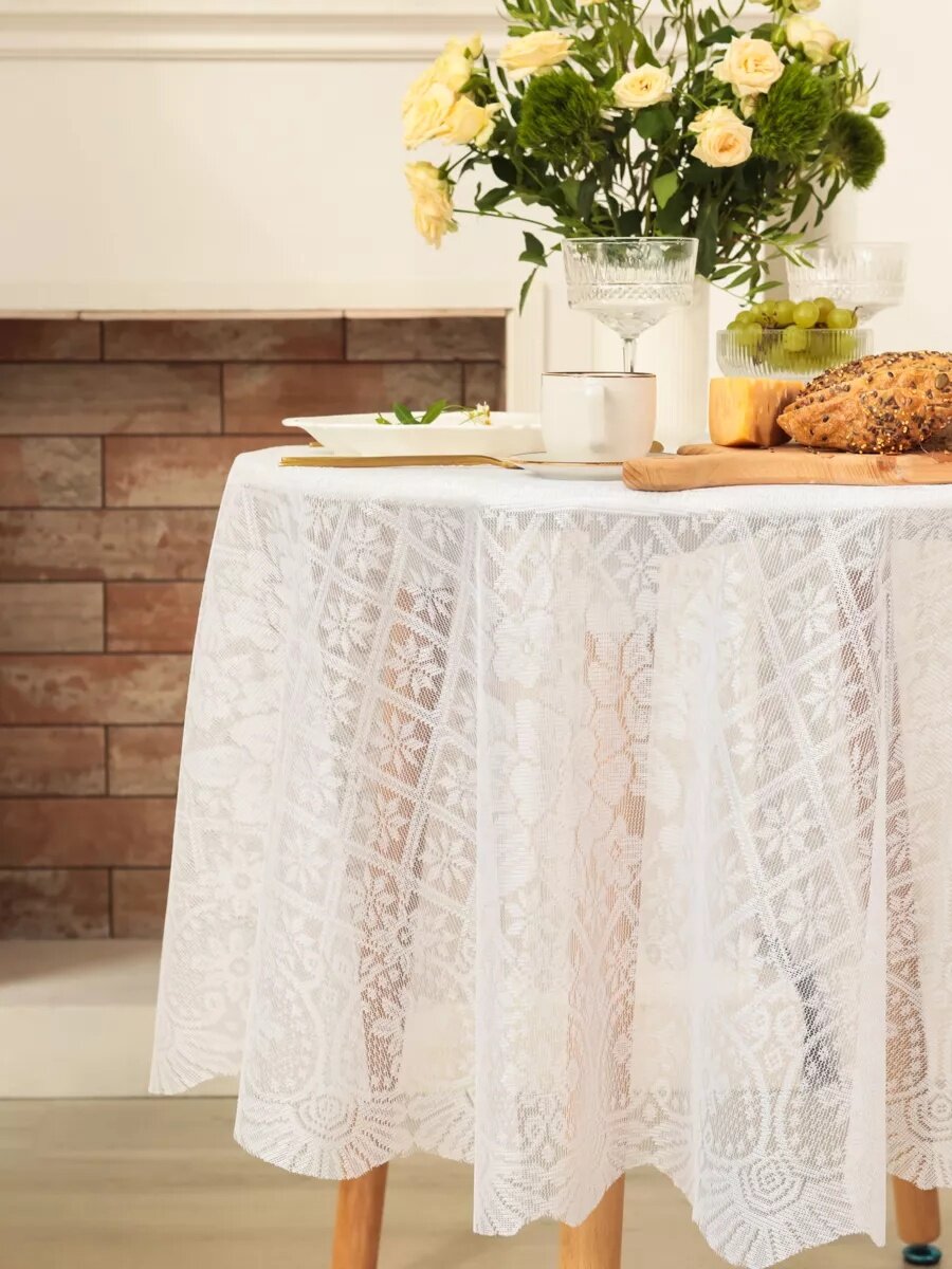 Скатерть Доляна " Ажур" диаметр 180±5 см. 100% полиэстер, цвет белый