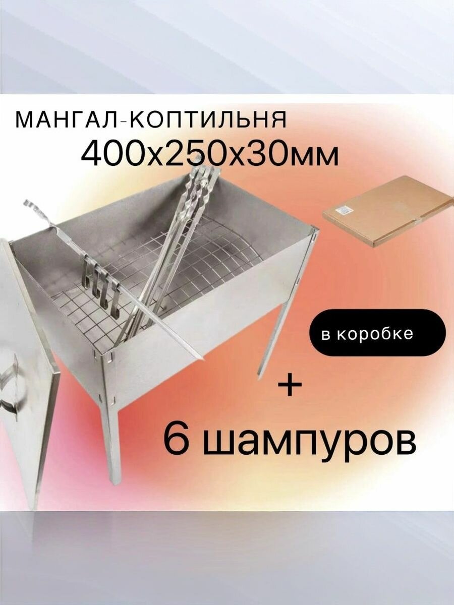 Мангал-коптильня Эконом 400х250х30мм и 6 шампуров в коробке