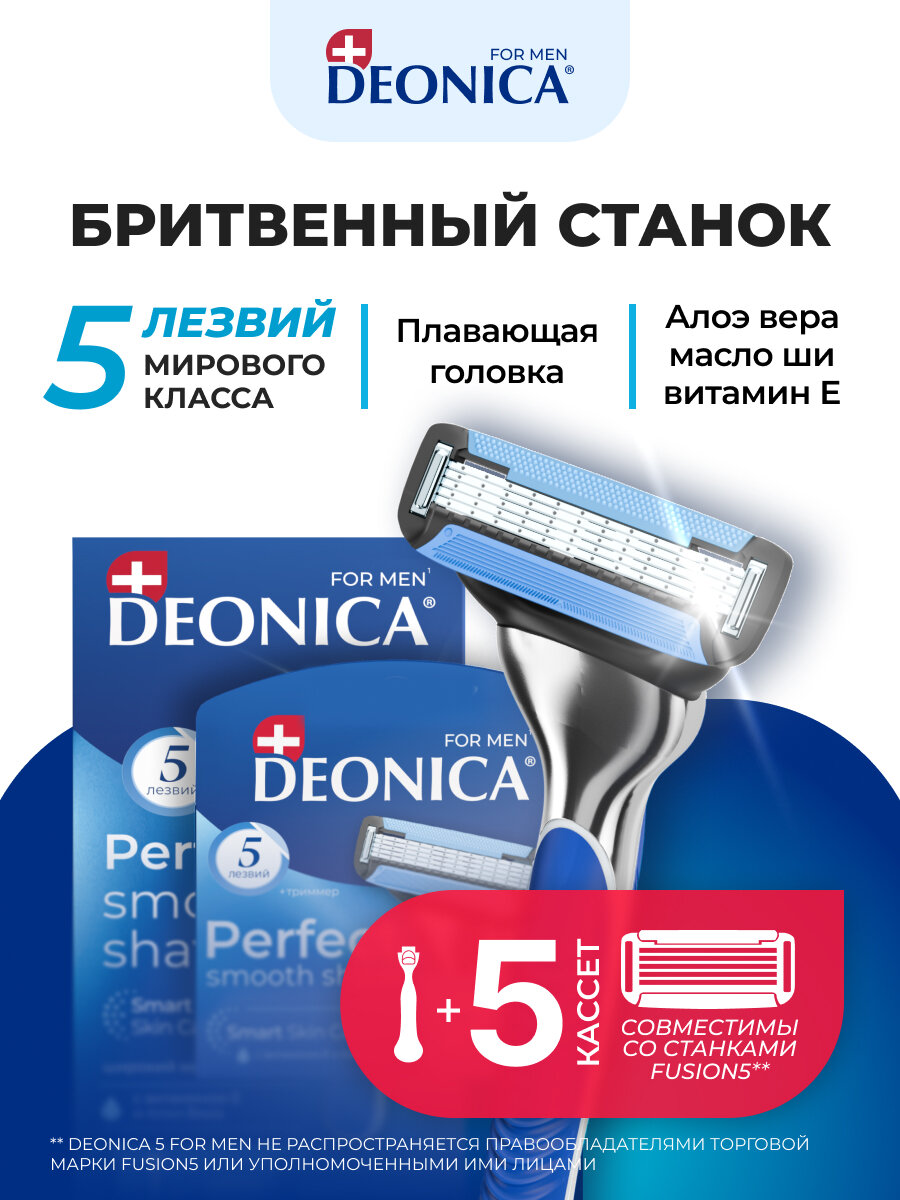 Бритва мужская станок для бритья 5 лезвий + 5 сменных кассет DEONICA FOR MEN