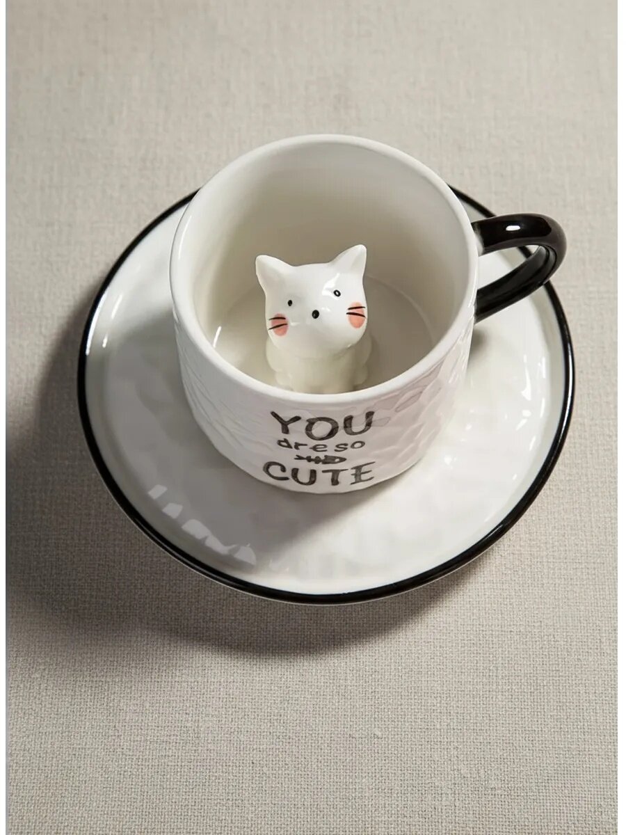 Чайная пара Тепло в руках "Кот", керамика, 250мл, белая, с блюдцем