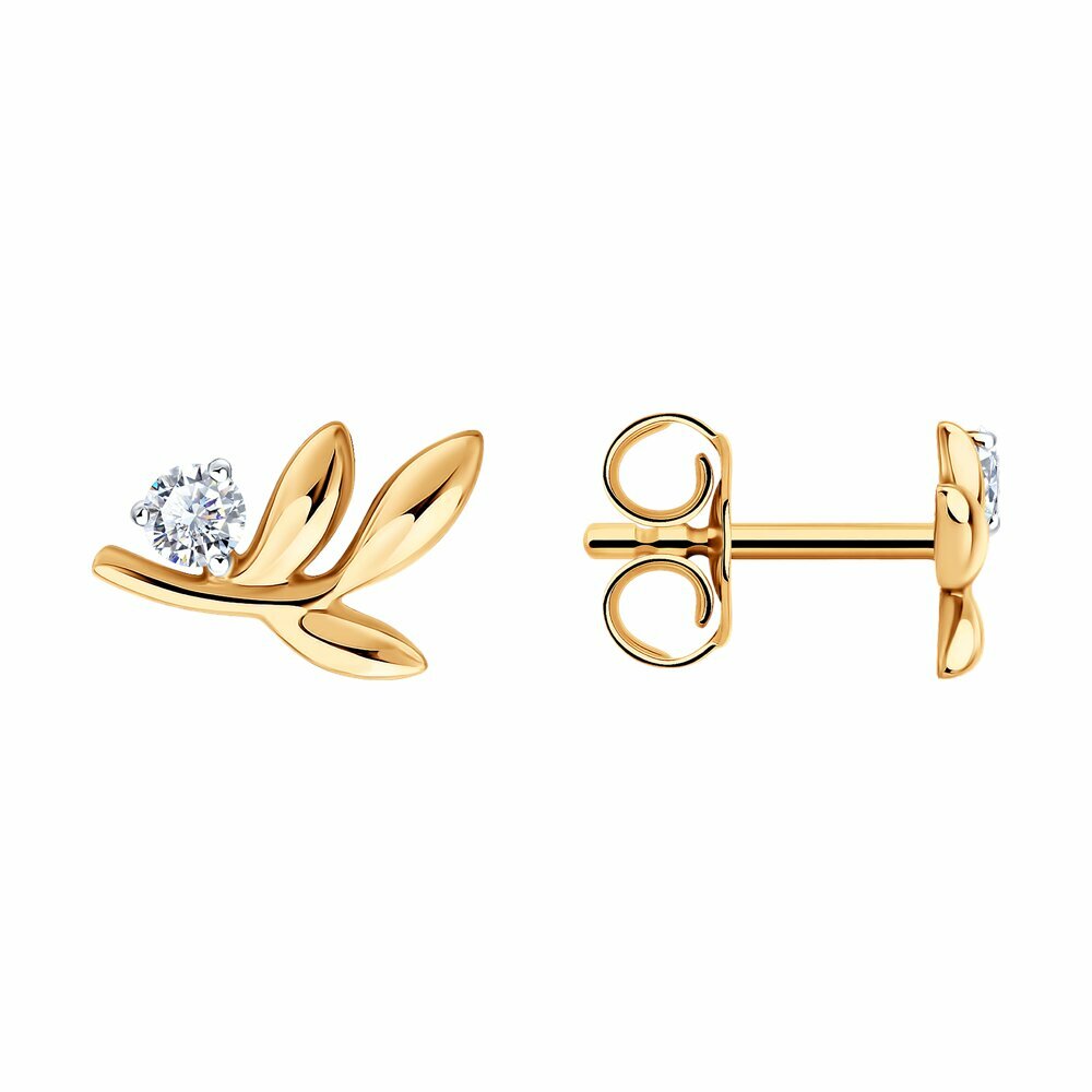Серьги пусеты, красное золото, 585 проба, фианит