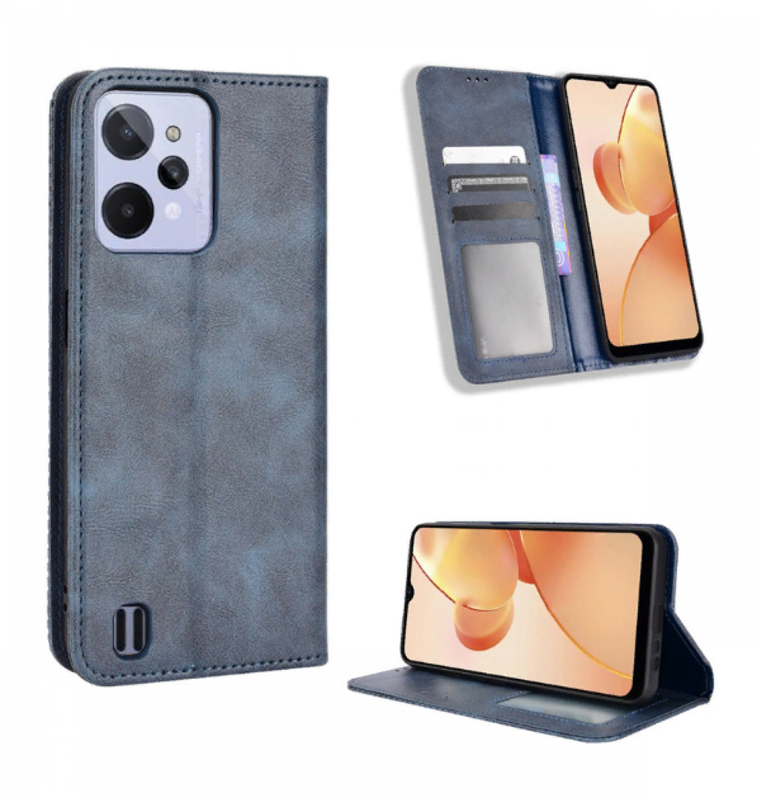 Защитный чехол-книжка MyPads для OPPO Realme C31 из импортной кожи с мульти-подставкой и визитницей, ретро синий