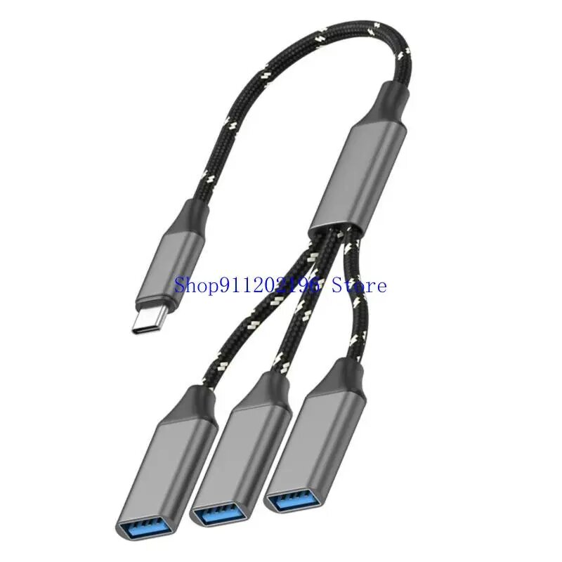 USB-C переходник 3 USB с плетеной серой оплеткой