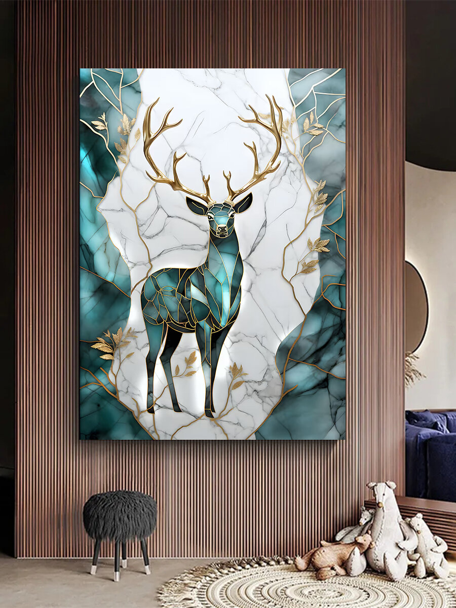 Картина интерьерная - "Абстрактный пейзаж с животными, лес природа олень, золотая поталь" , 50х70 см.