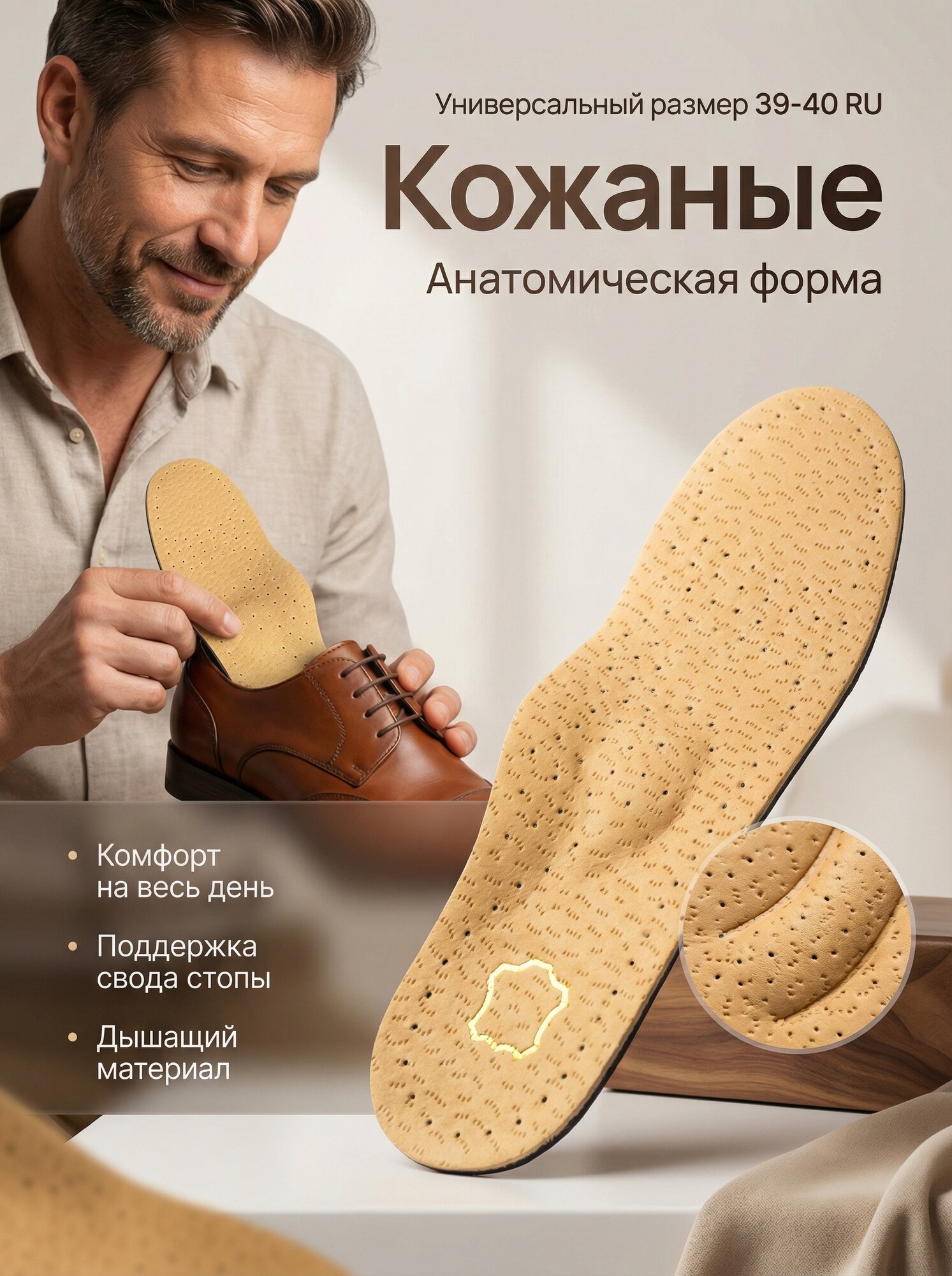 Стельки для обуви, анатомические, каркасные с супинатором, кожаные, от плоскостопия, вальгуса, пяточной шпоры, размер 39-40