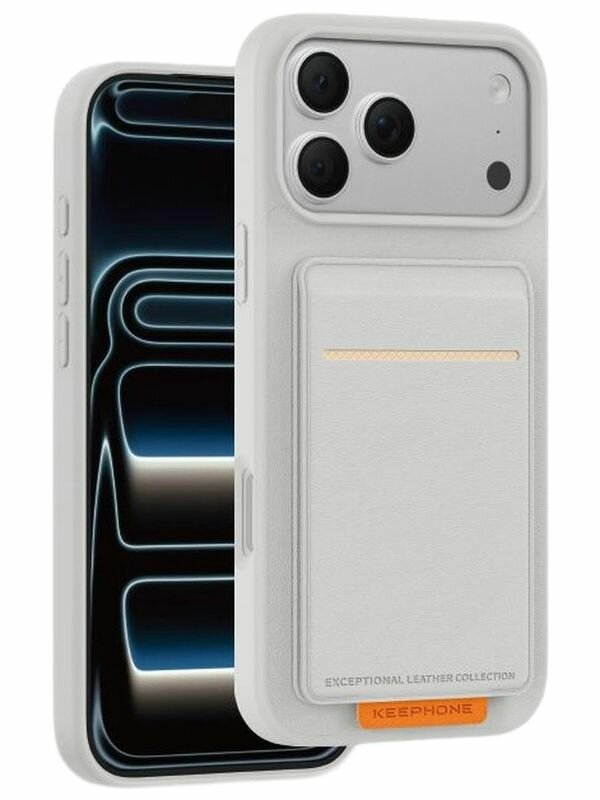 Кожаный чехол для iPhone 17 Pro Max, SUEDEA KEEPHONE с подставкой и картхолдером, серый.