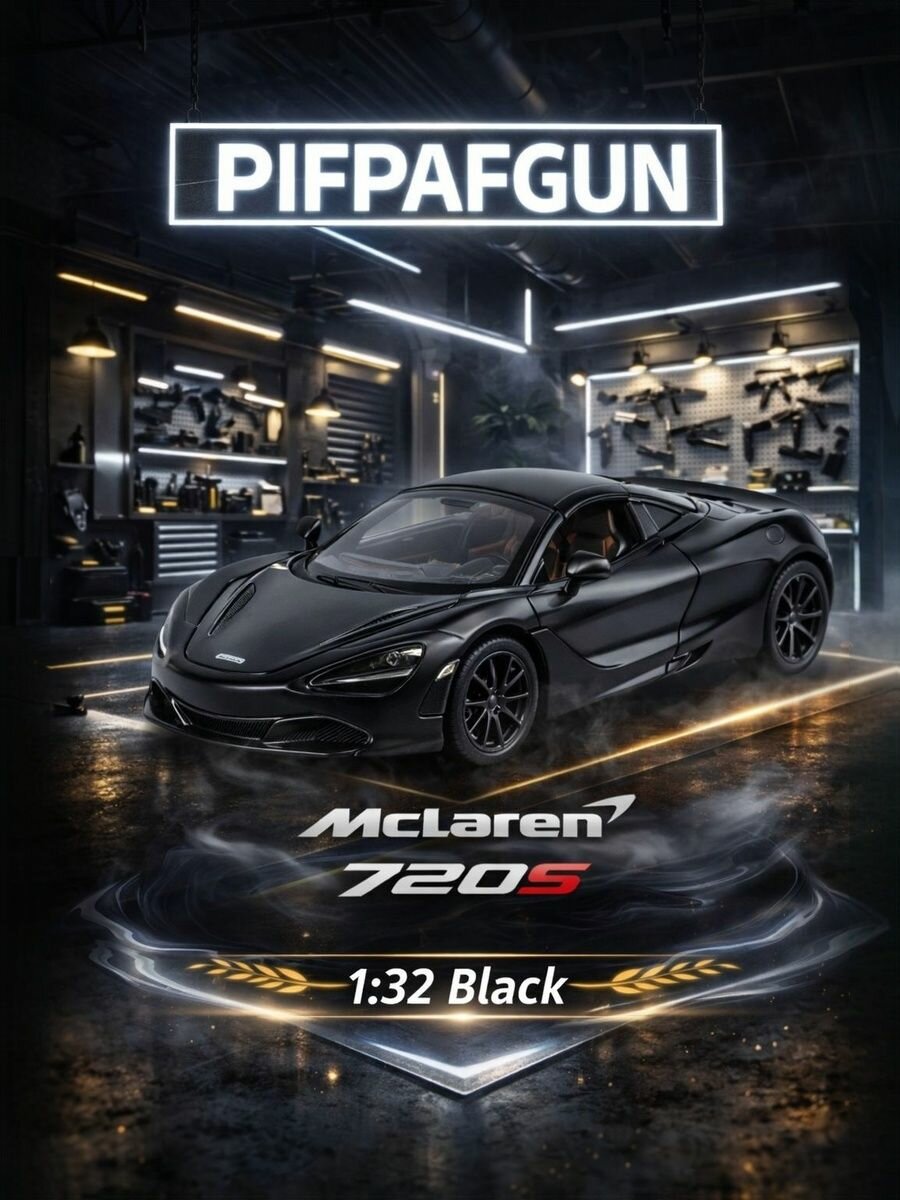 Металлическая машинка McLaren 720S 1:32 чёрная 16 см инерционная, свет+звук, открываются двери/капот/багажник, 3+