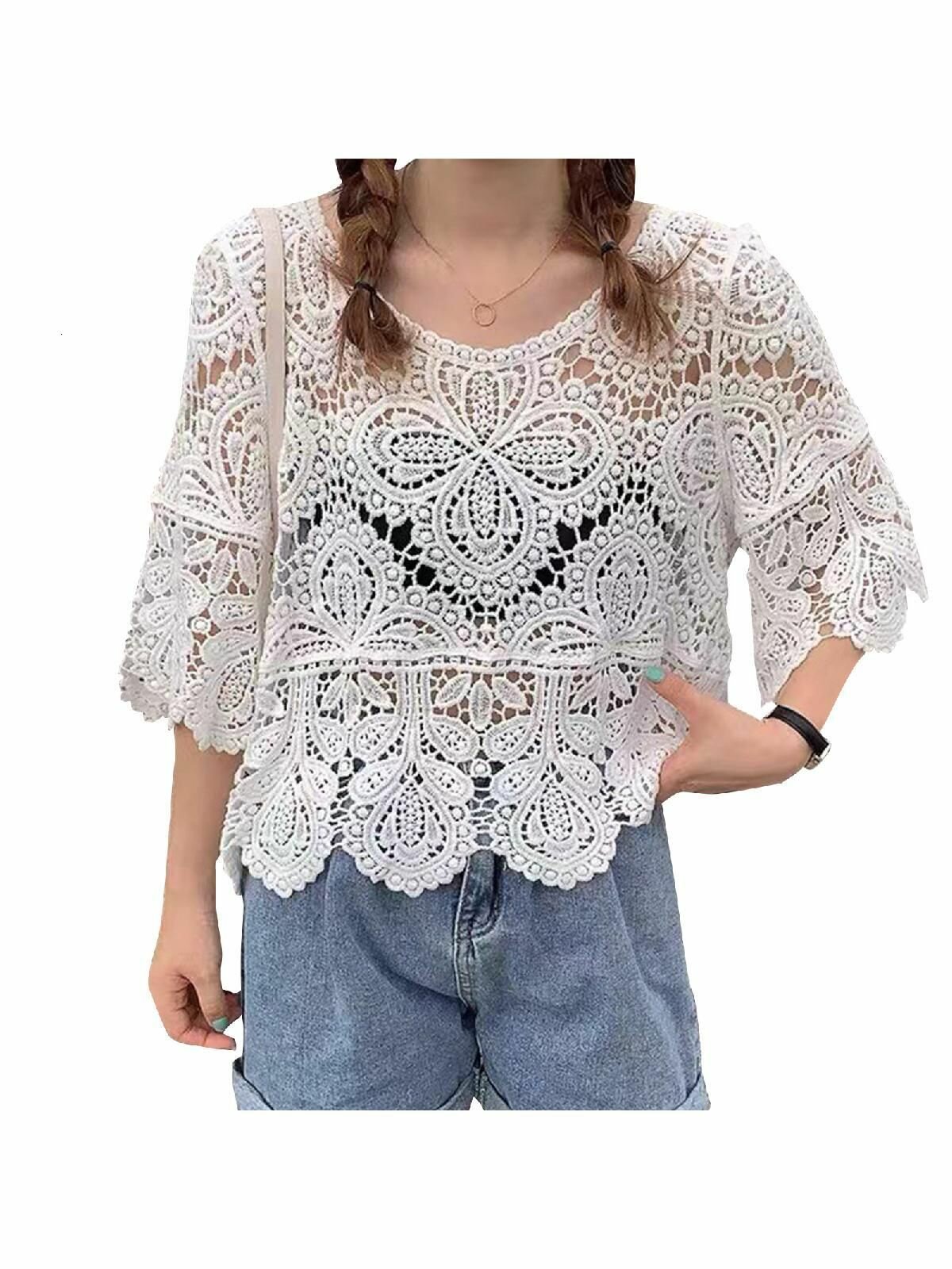 Женская французская блуза-накидка, летняя, вязаная крючком, Белый