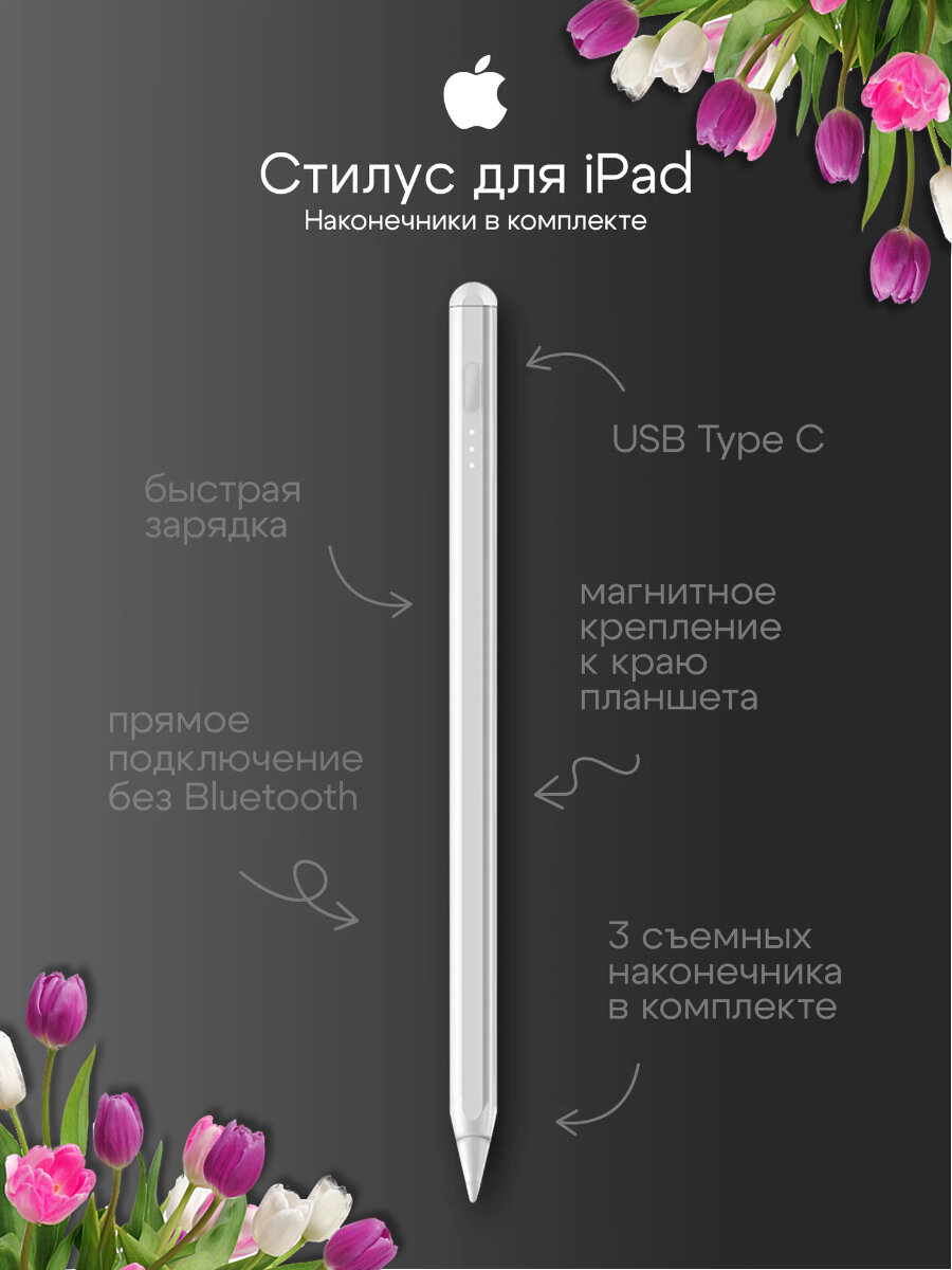 Стилус для iPad 2018, 2019, 2020, 2021, 2022 + 3 наконечника / Сенсорная ручка для планшета iPad