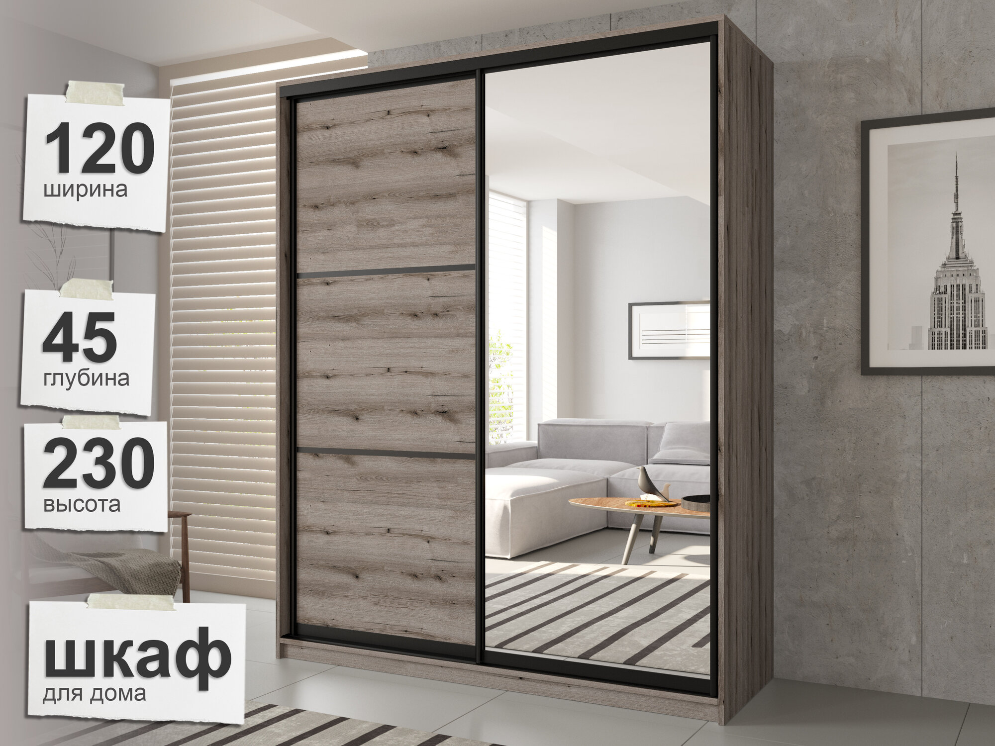 Шкаф-купе 120х45х230см. модель 2 с зеркалами, 2-х или 3-х дверный