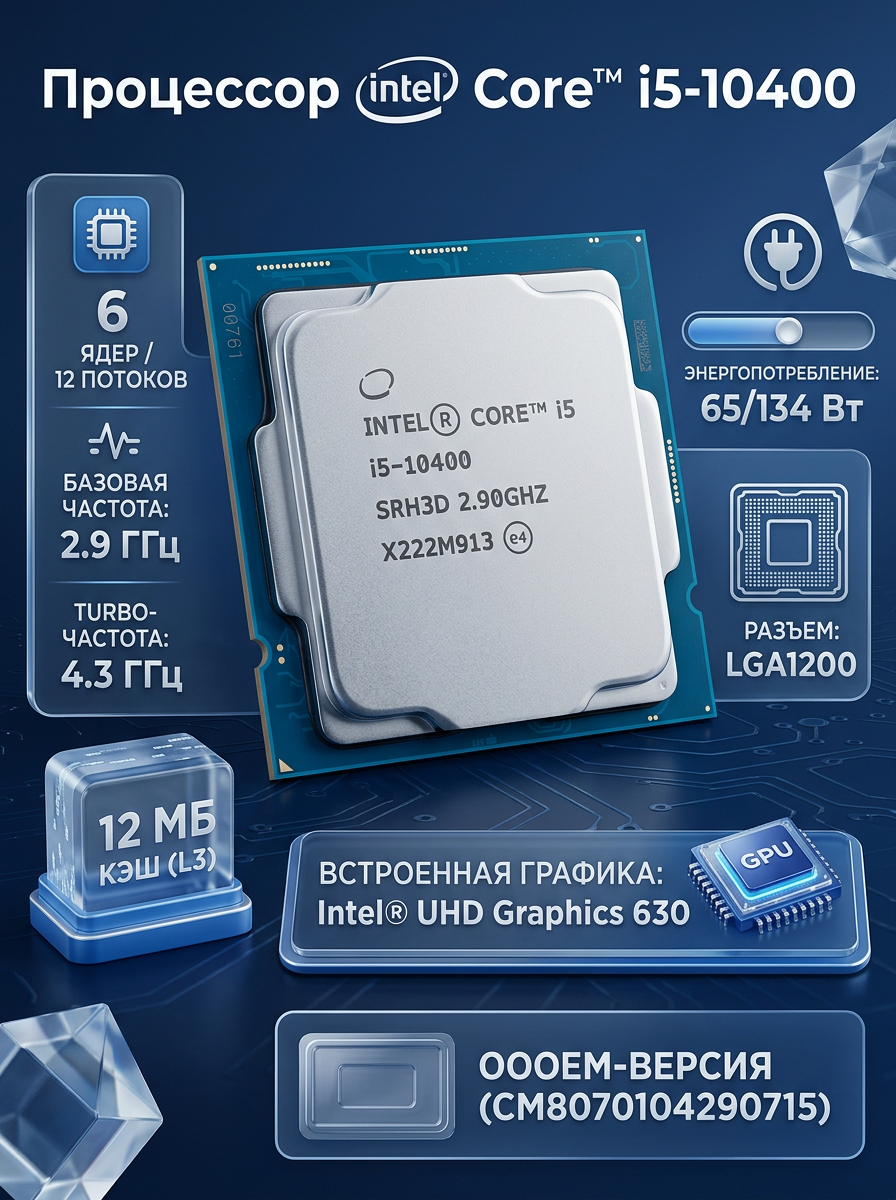Процессор Intel Core i5-10400 (APU LGA1200, Comet Lake, 6C/12T, 2.9/4.3GHz, 12MB, 65/134W, UHD Graphics 630), CM8070104290715, OEM